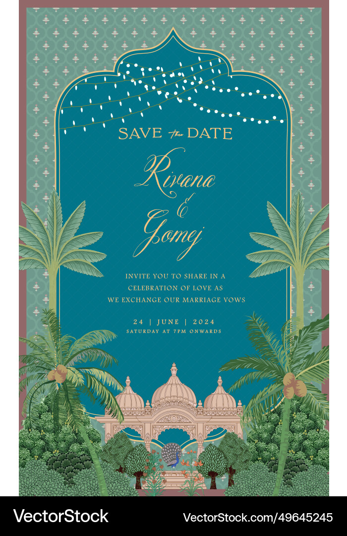 Mughal invitation card design with temple Vector Image