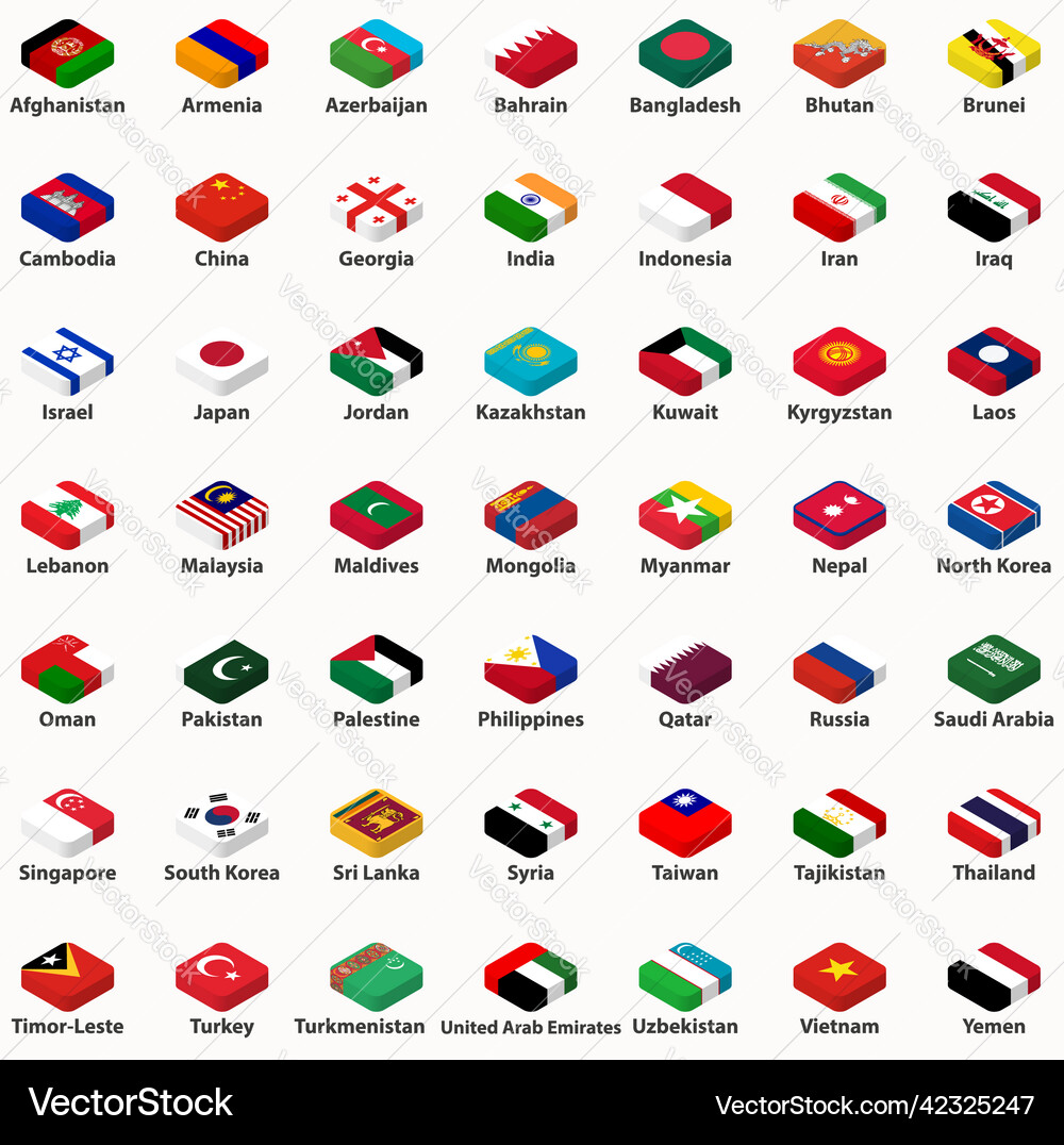 All asian countries flags in isometric top view Vector Image