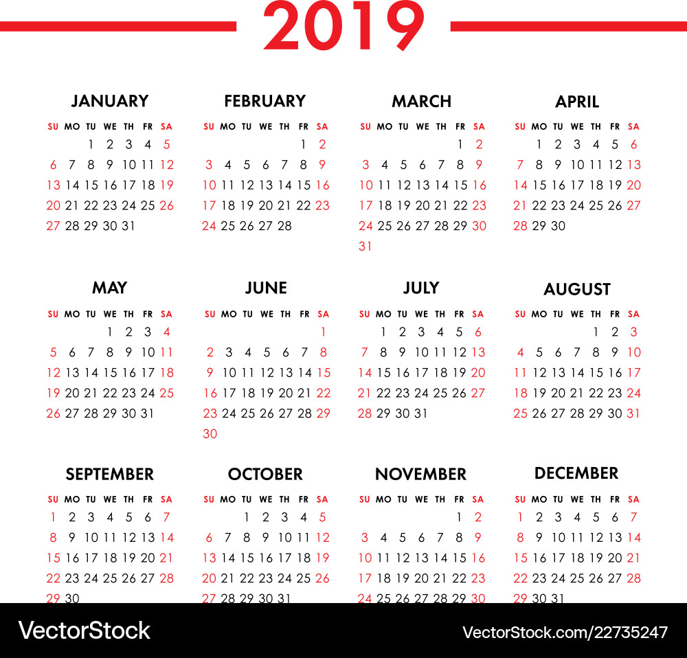 Calendar 2019 year on a white background week Vector Image