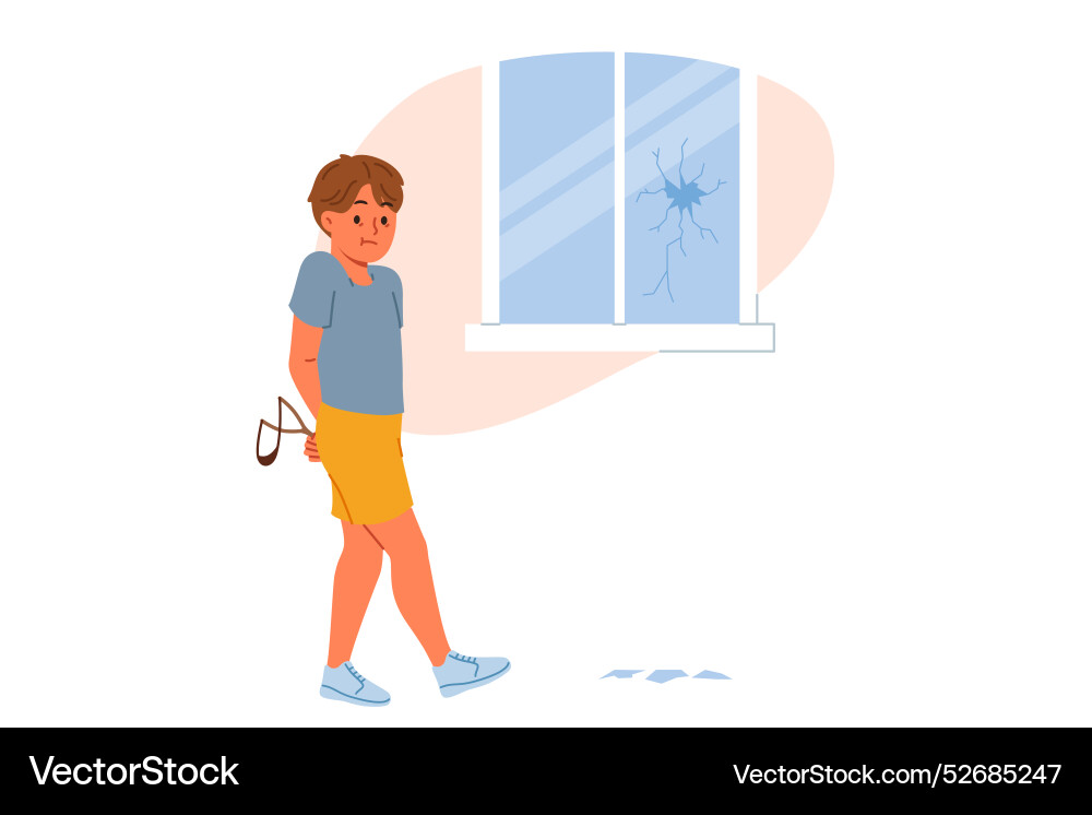Hooligan boy broke window with slingshot Vector Image