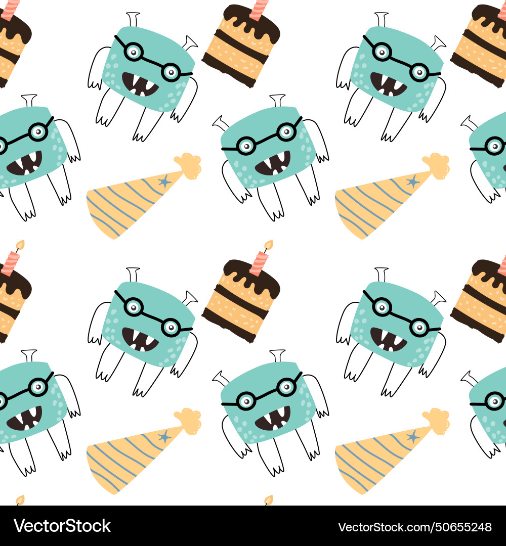 Cute monster cake and cap seamless pattern Vector Image