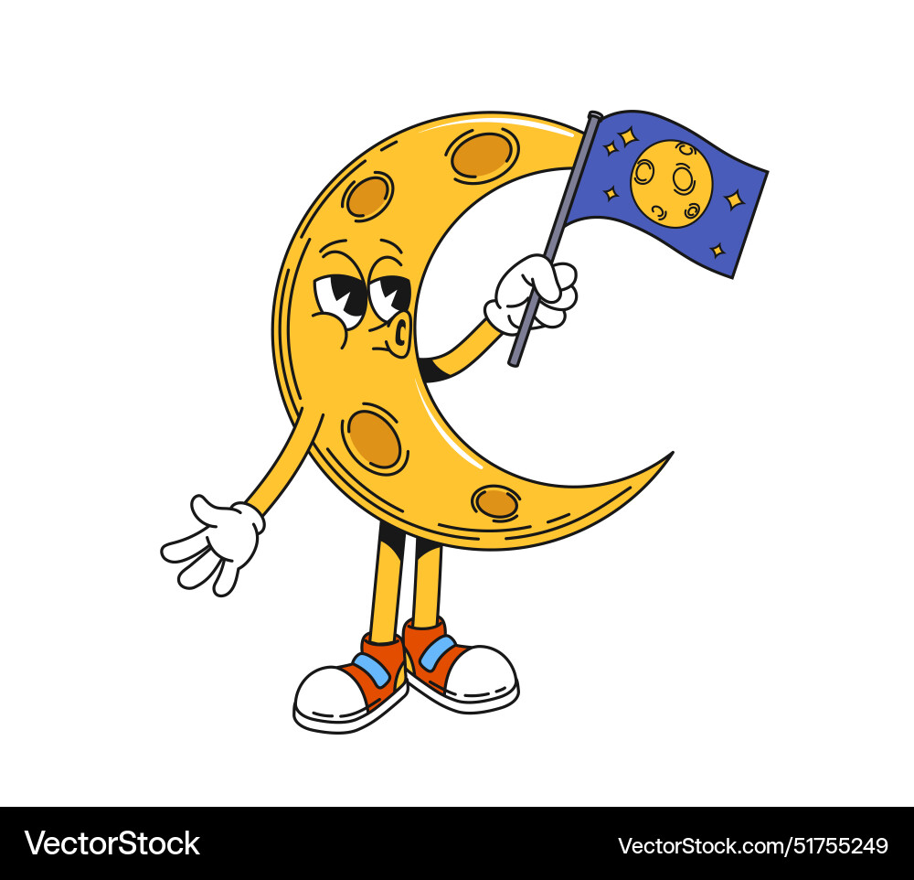Cartoon crescent moon retro groovy space character
