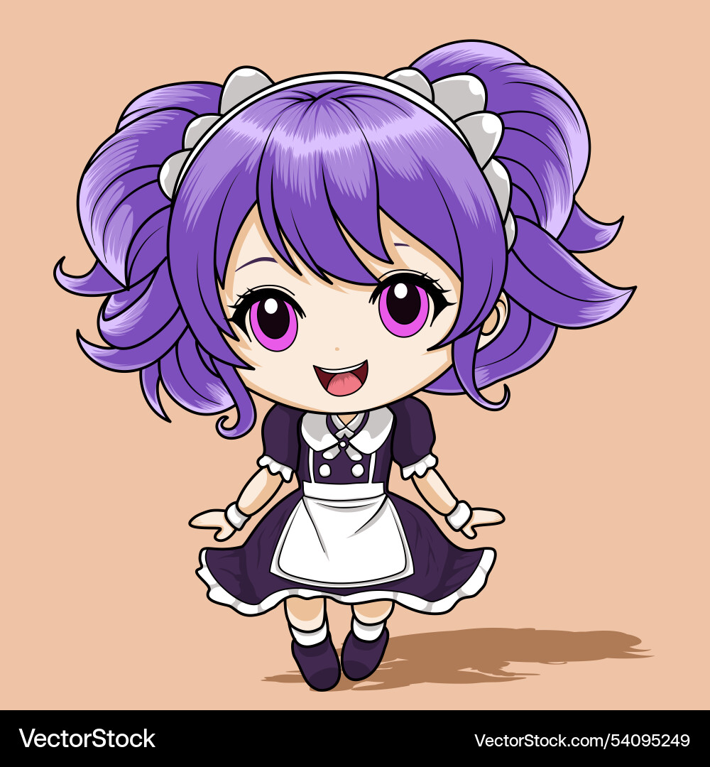 Purple haired chibi girl in waitress uniform Vector Image
