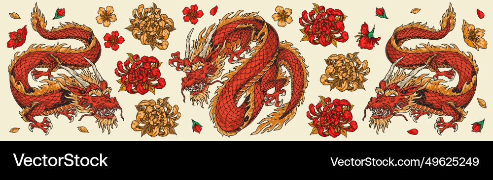 Red asian dragons banner colorful Royalty Free Vector Image