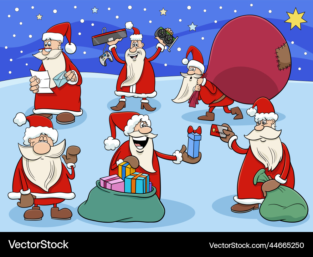 Cartoon santa clauses characters group Royalty Free Vector