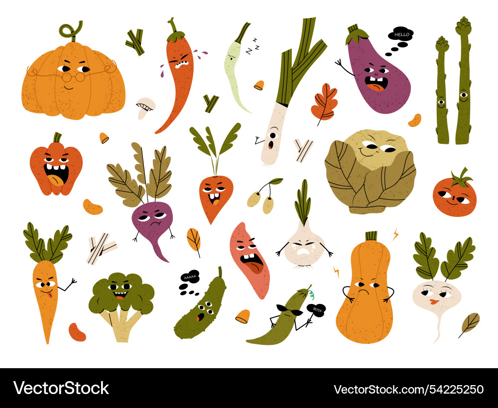 Cute vegetable characters with funny kawaii faces Vector Image
