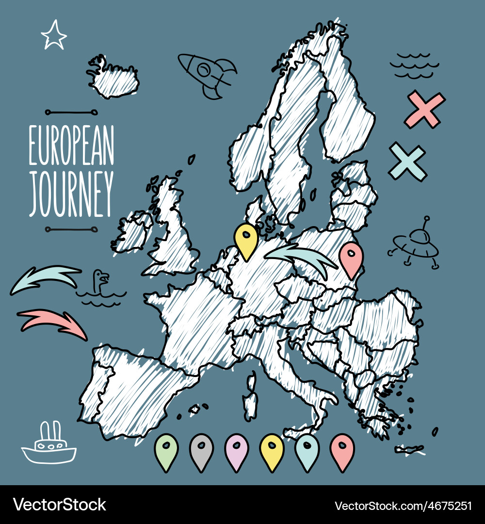 Doodle europe map on navy chalkboard with pins Vector Image