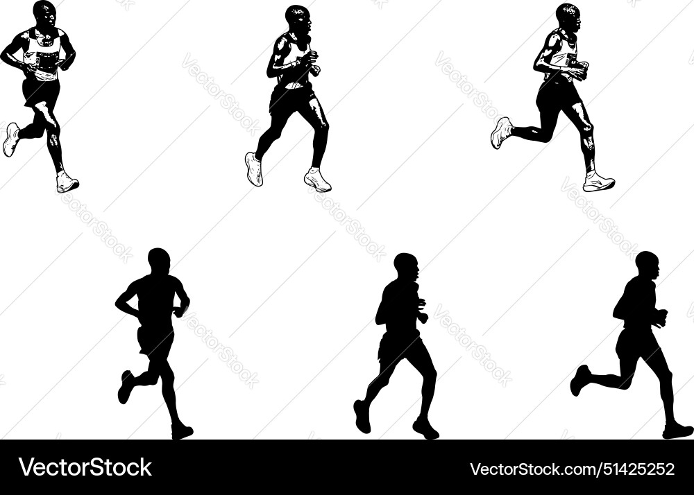 Marathon runner sketch and silhouettes Royalty Free Vector