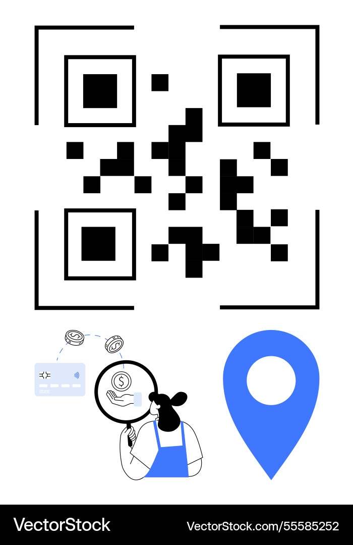 Qr code with magnifying glass and blue location Vector Image