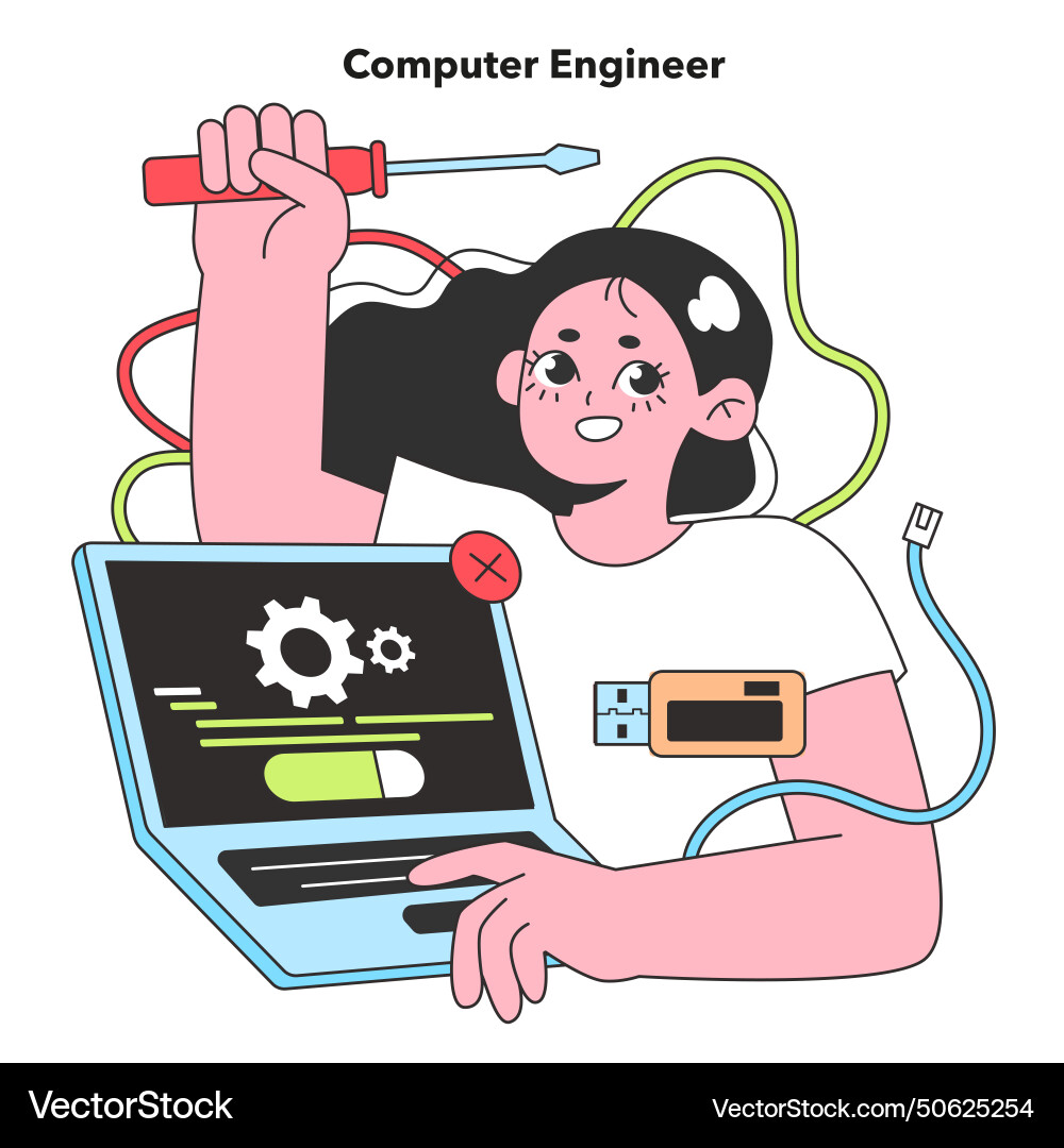 A computer engineer diligently troubleshoots Vector Image