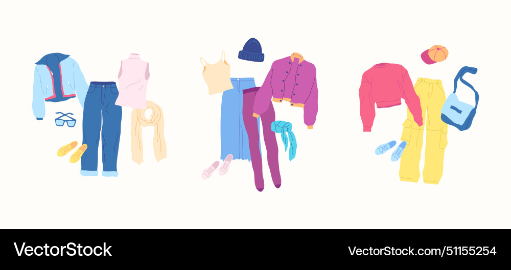 Cartoon clothes female casual combo set Royalty Free Vector