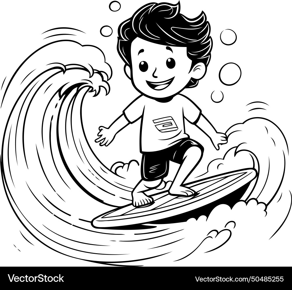 Boy surfing on a wave black and white Royalty Free Vector