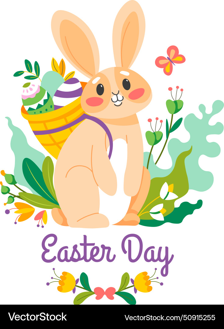 Easter day bunny with basket of colored eggs Vector Image