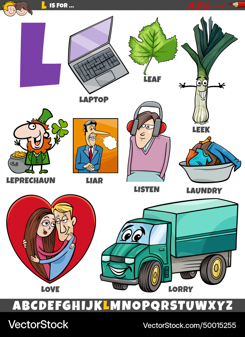 Letter l set with cartoon objects and characters Vector Image