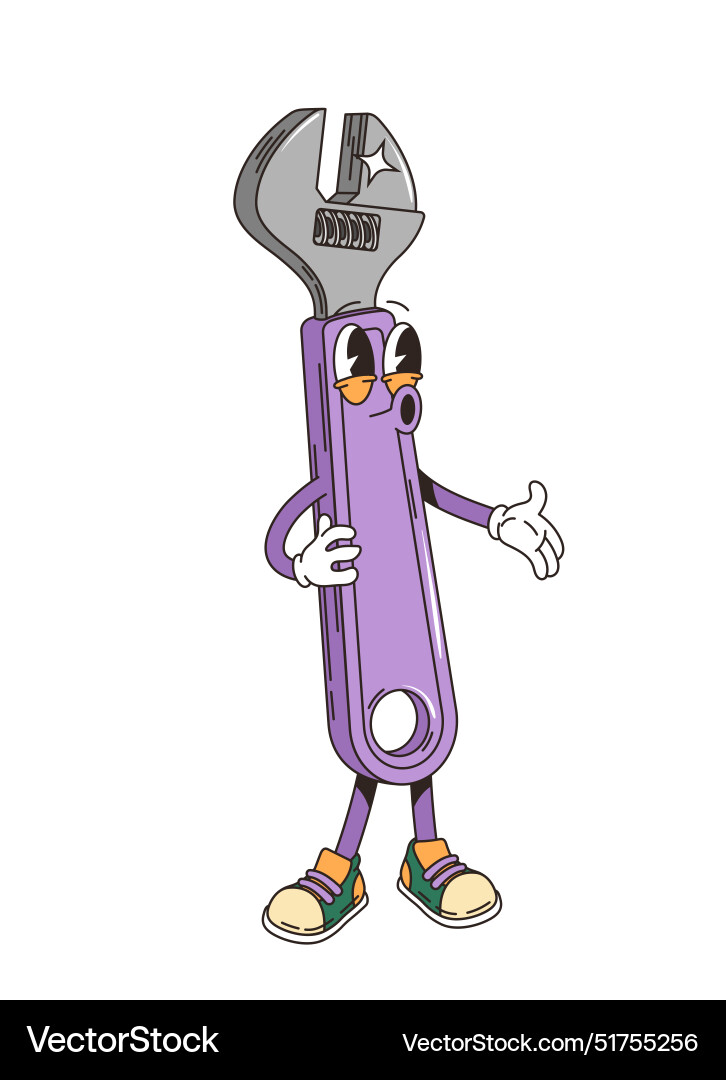 Retro groovy adjustable wrench tool character Vector Image