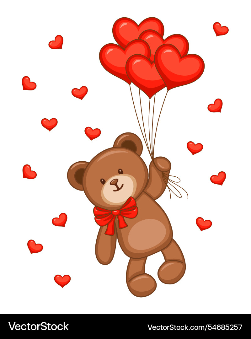 Cute valentines bear flying with heart balloons Vector Image