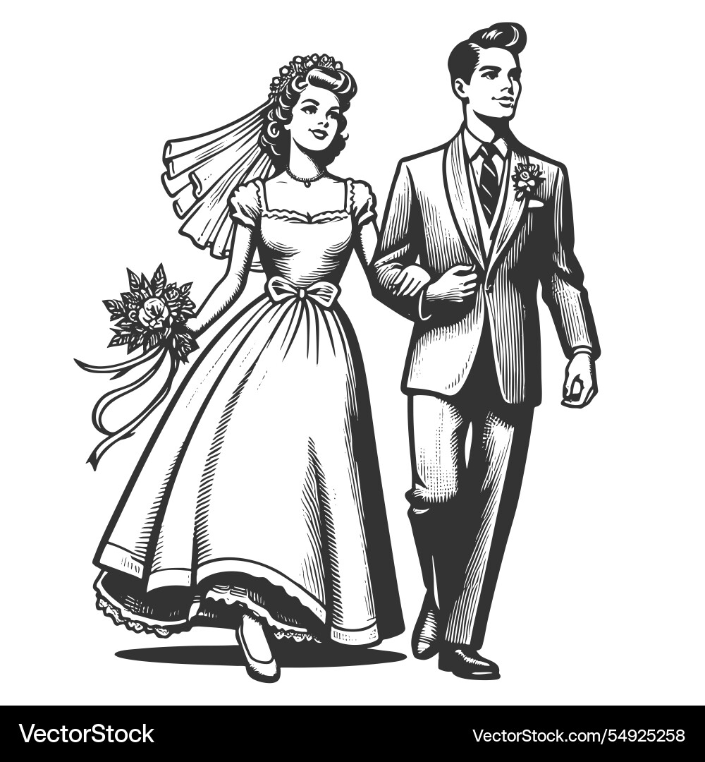 Bride and groom engraving Royalty Free Vector Image