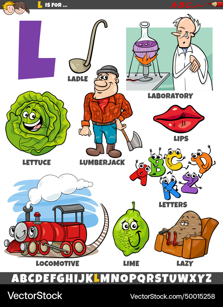 Letter l set with cartoon objects and characters Vector Image