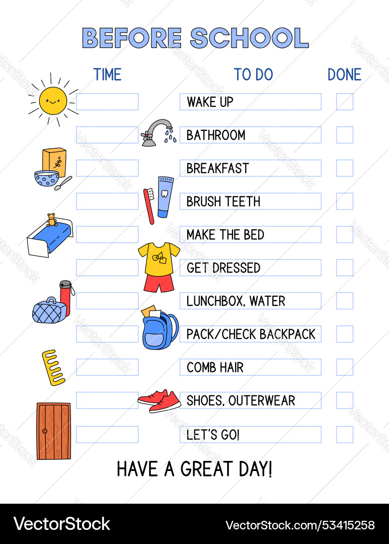 Morning routine chart template checklist for kids Vector Image