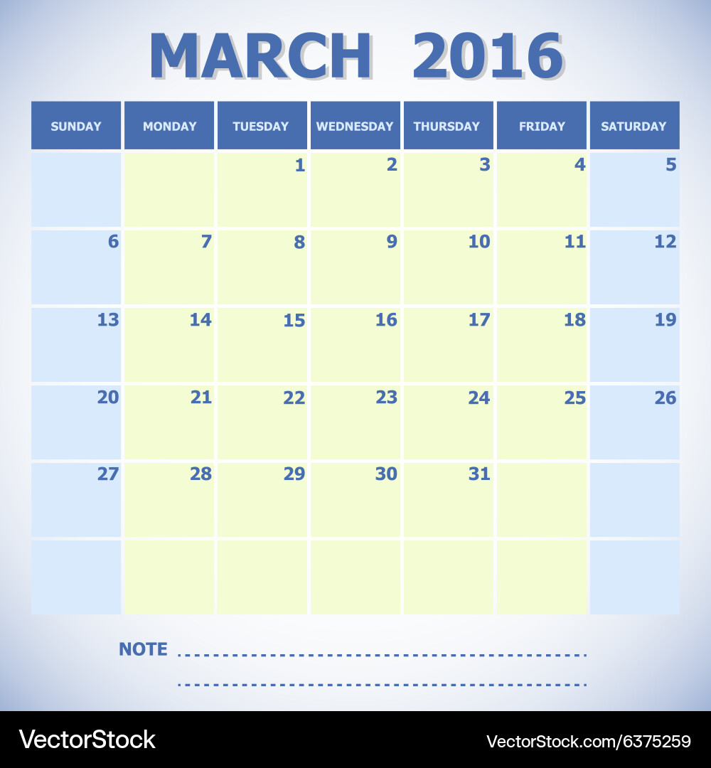 Calendar march 2016 week starts sunday Royalty Free Vector