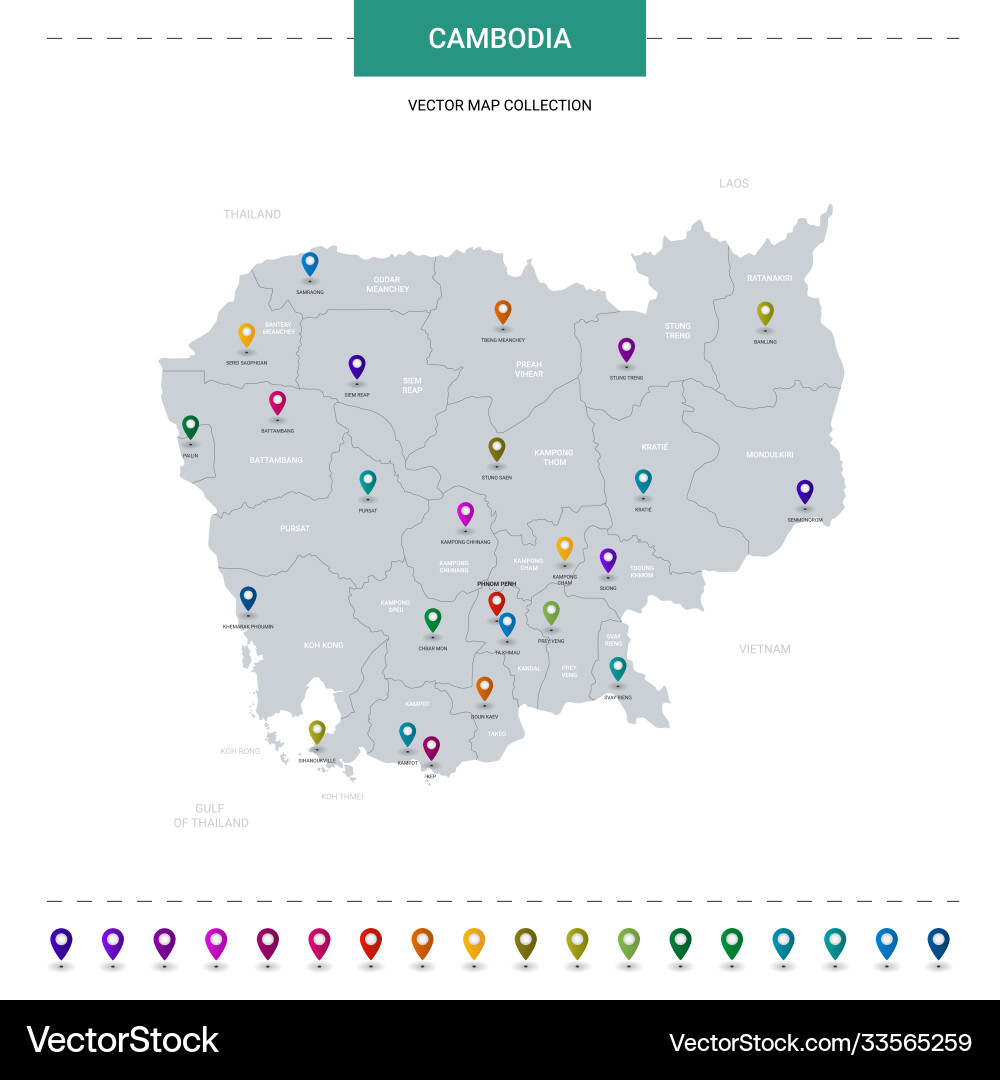 Cambodia map with location pointer marks Vector Image