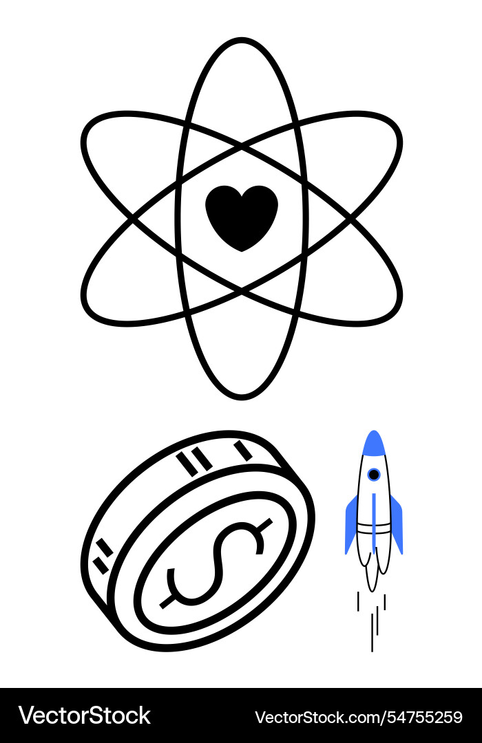 Love atom dollar coin and rocketship - science Vector Image