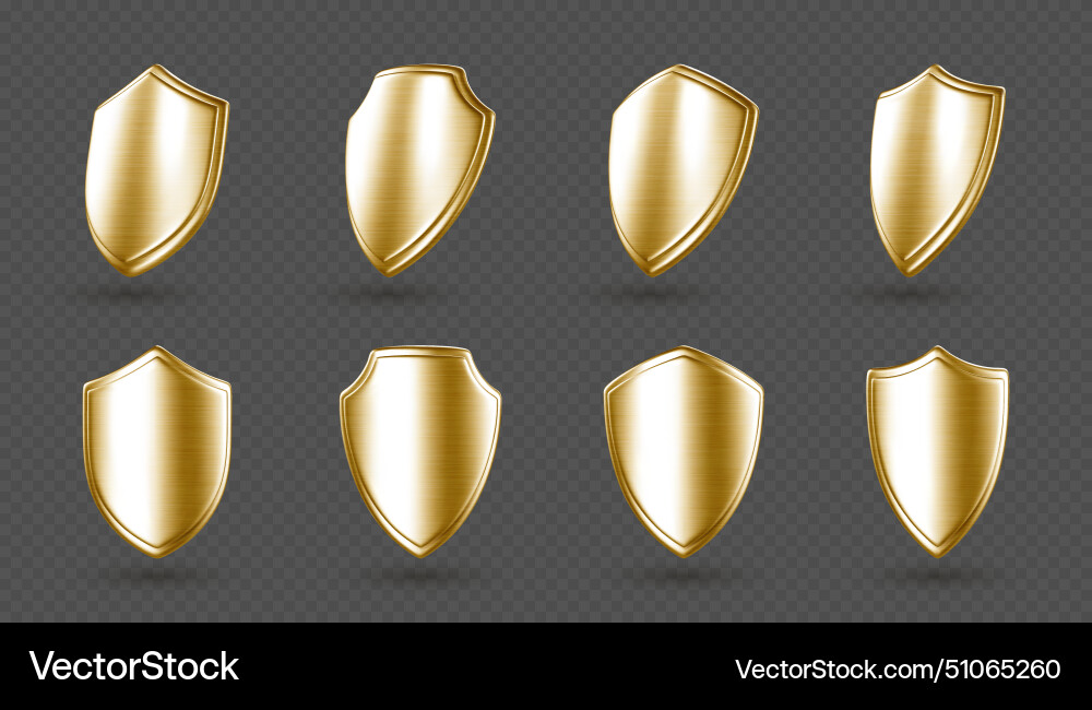 3d golden shields set isolated on transparent Vector Image