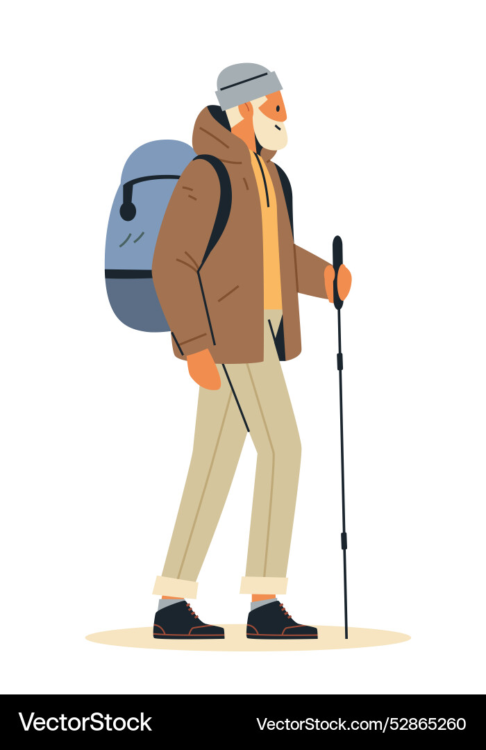 Elderly man hiking with backpack outdoors Vector Image
