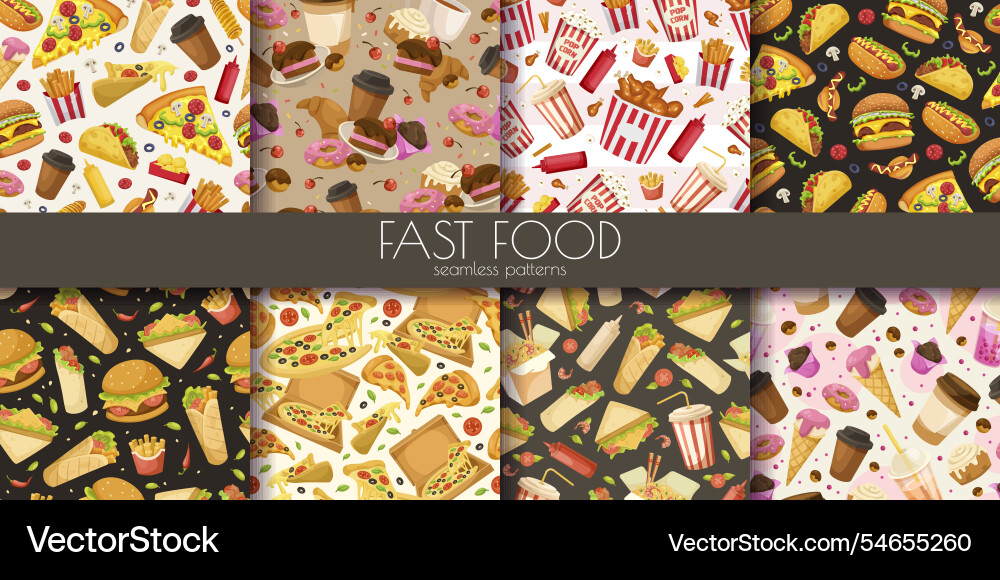 Fast food seamless patterns with vibrant variety Vector Image