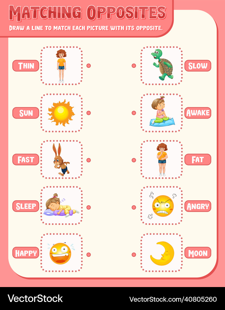 Opposite Words Matching Worksheet Royalty Free Vector Image