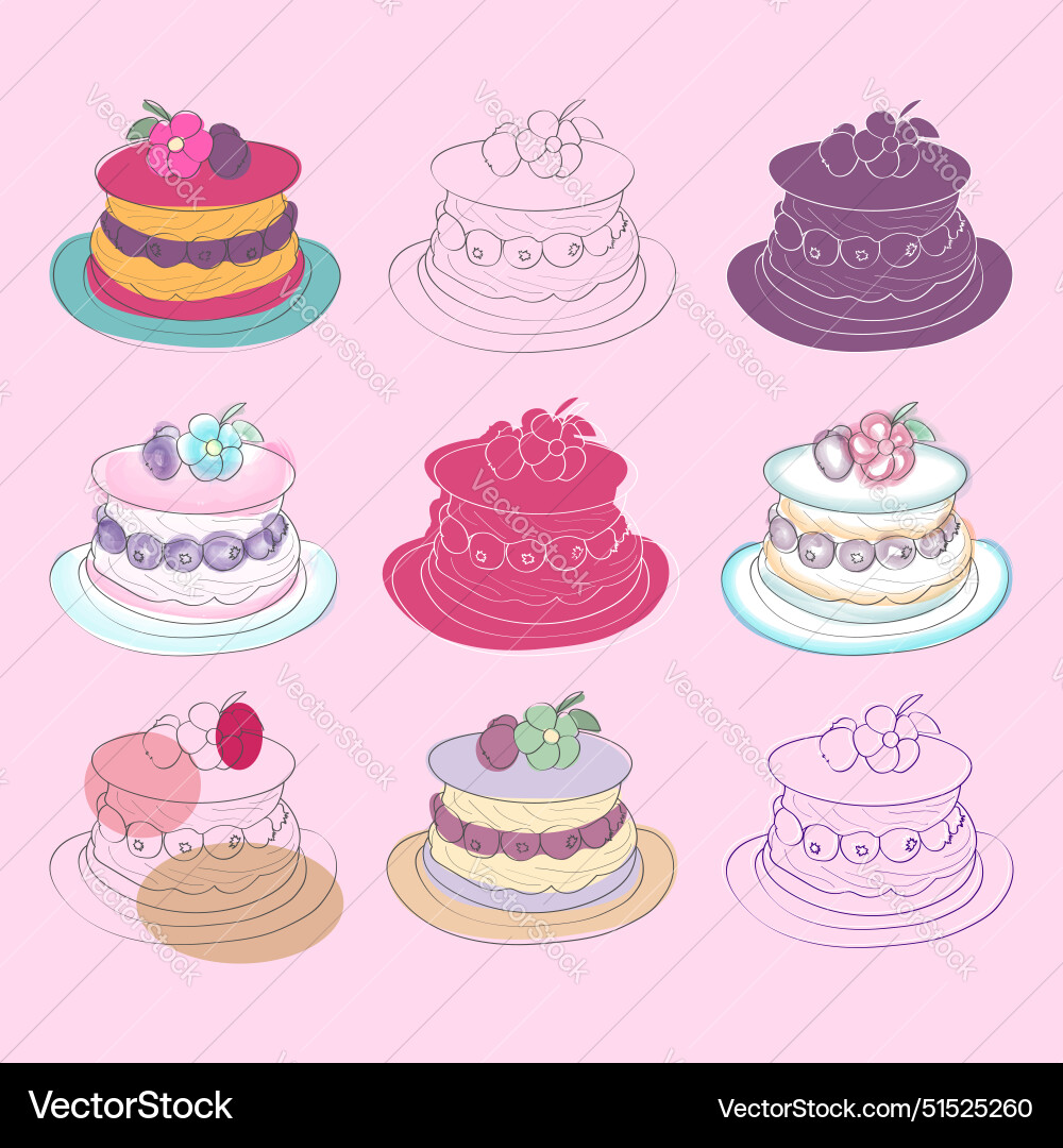 Set of nine layered cakes Royalty Free Vector Image