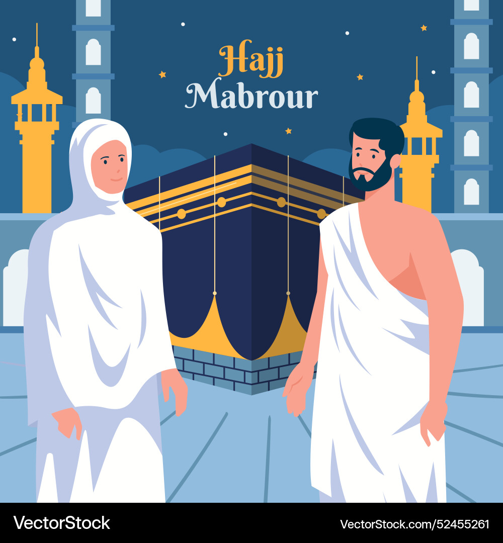 Flat hajj with people praying and mecca Royalty Free Vector
