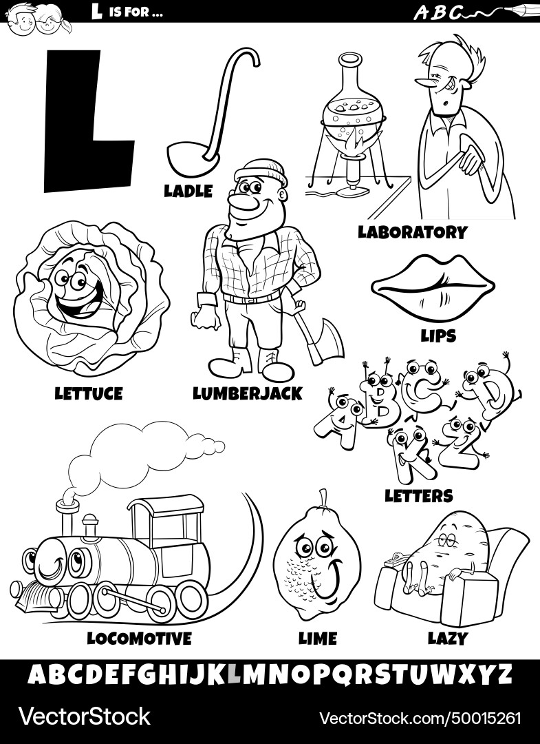 Letter l set with cartoon objects and characters Vector Image