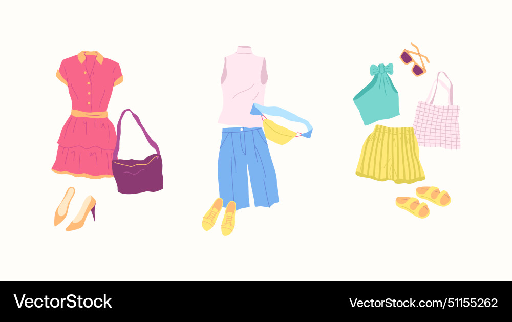 Cartoon clothes female summer combo set Royalty Free Vector