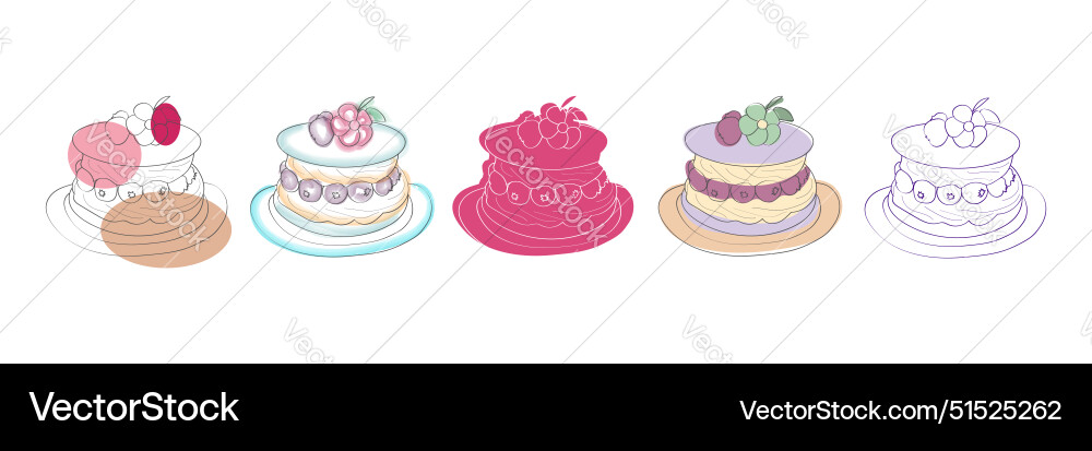 Five berry cakes on plates Royalty Free Vector Image