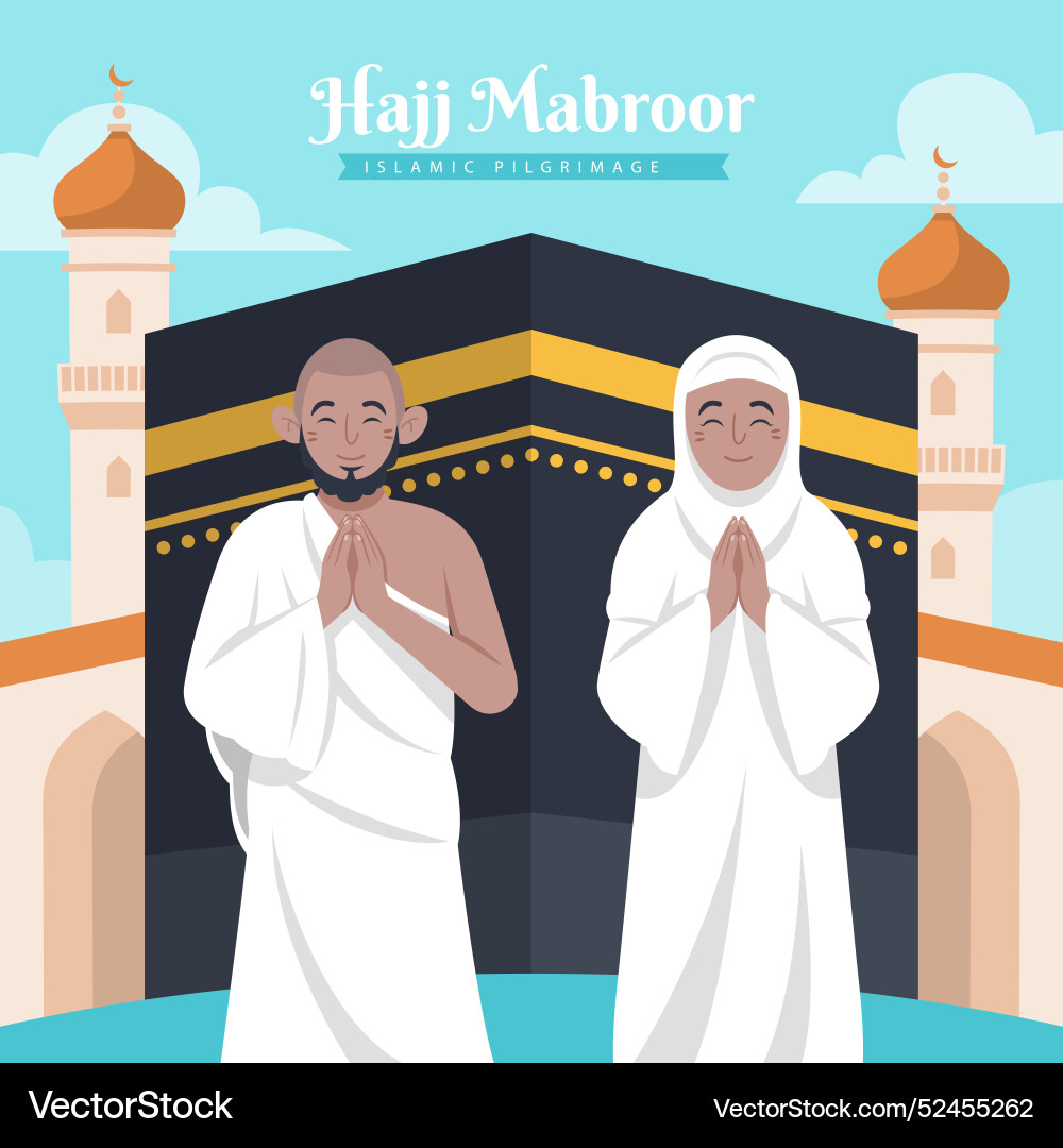 Flat hajj with people praying and mecca Royalty Free Vector