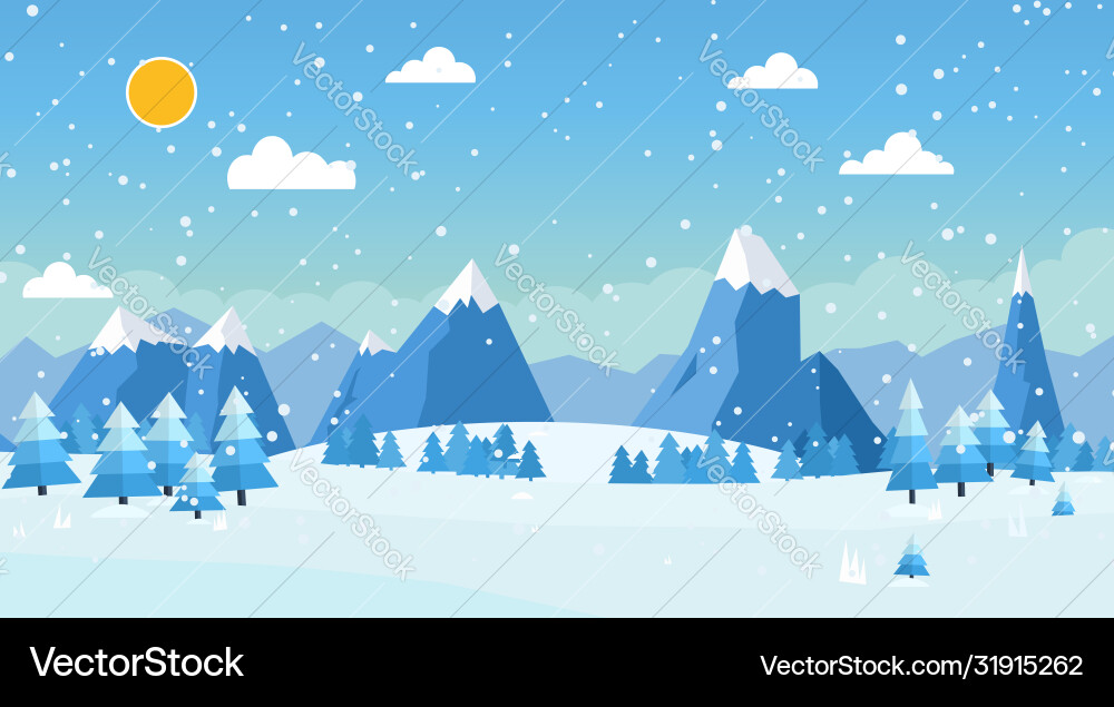 Winter landscape with mountains on blue background
