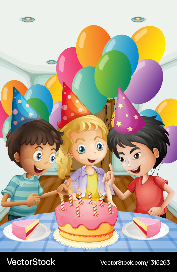 Three kids celebrating a birthday Royalty Free Vector Image