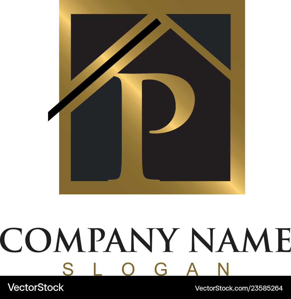 Gold letter p house logo Royalty Free Vector Image