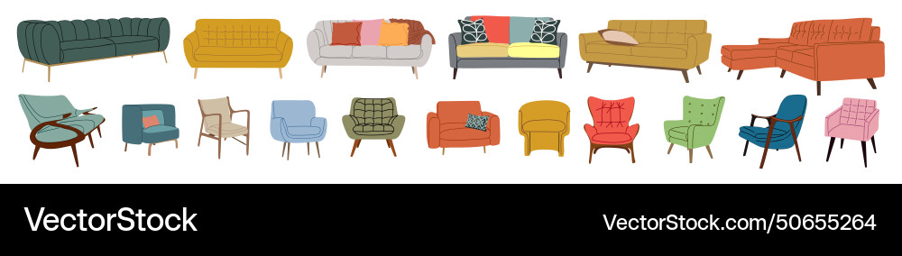 Set of trendy sofas chairs armchairs couches Vector Image