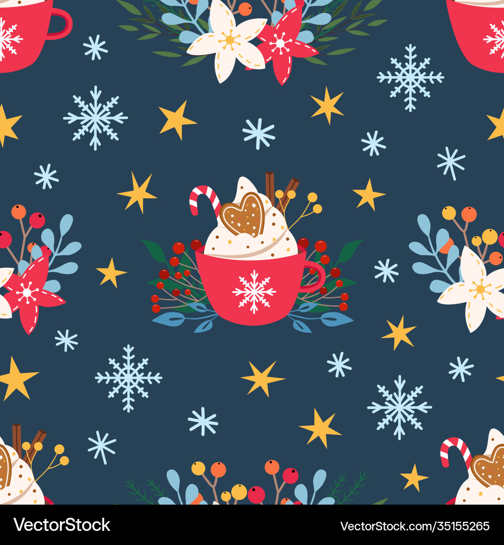 Christmas seamless pattern with hot chocolate Vector Image