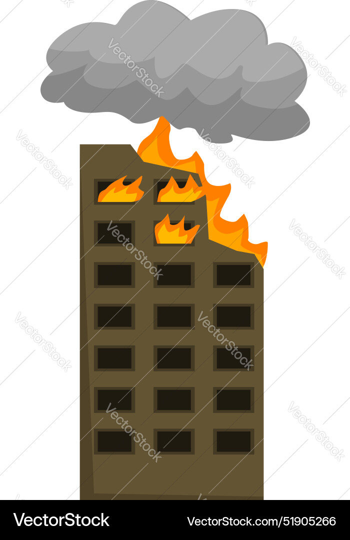 Burning office building with smoke coming out from