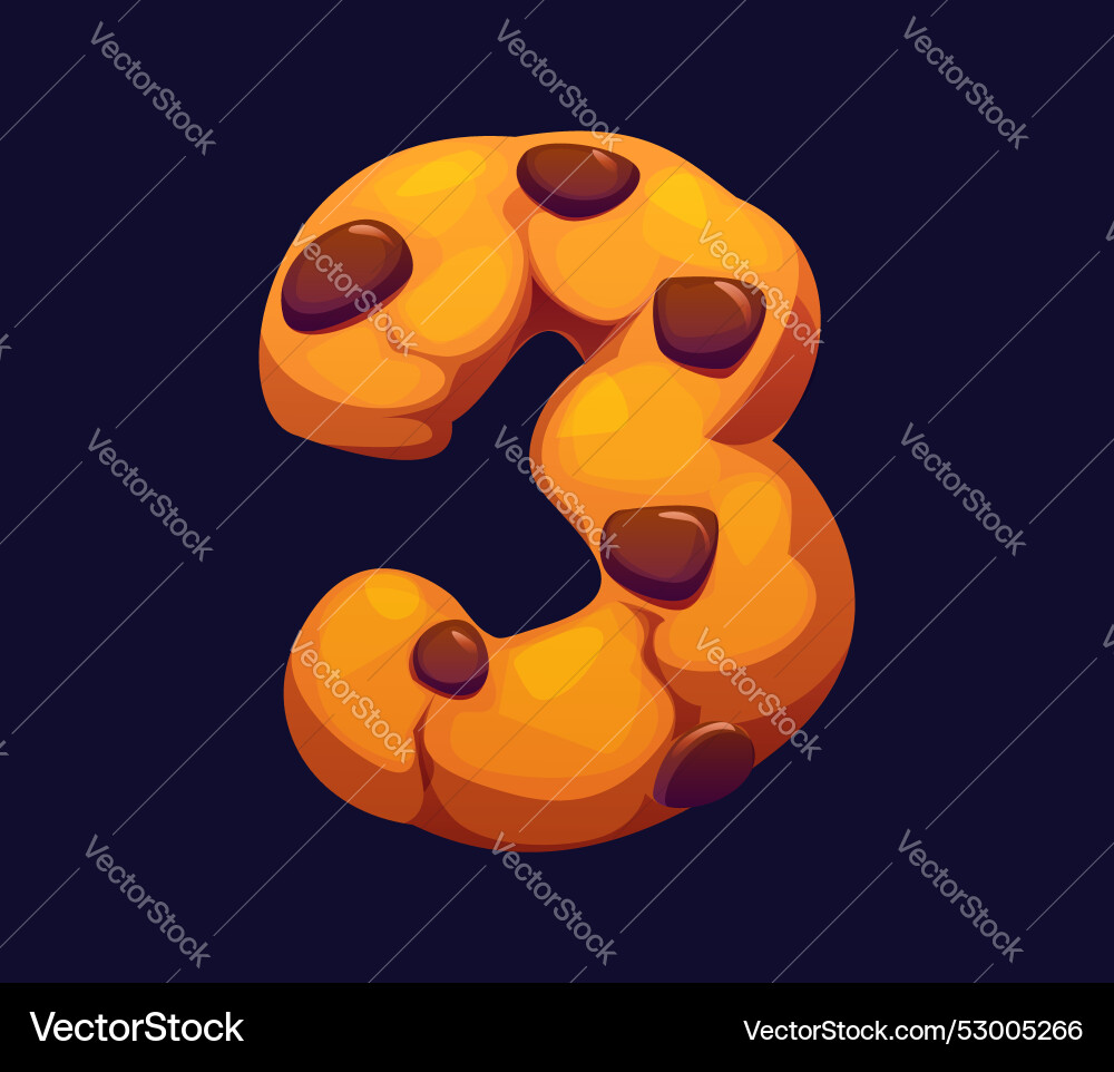 Cartoon number three cookie with chocolate chips Vector Image
