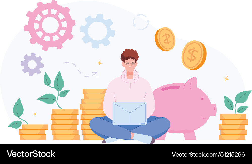 Freelancer saving earning man with laptop earn Vector Image