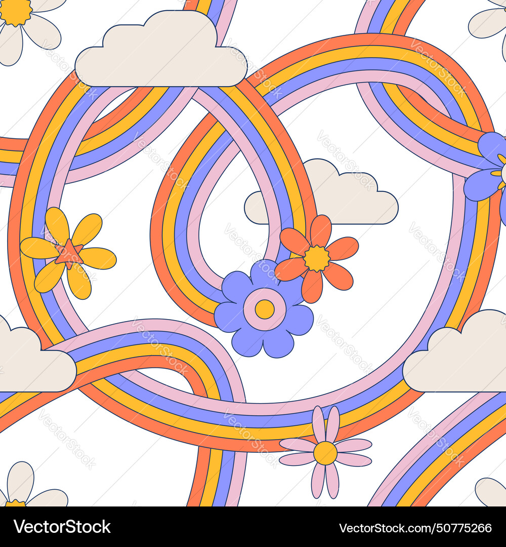 Groovy tangled rainbow with daisy flower clouds Vector Image