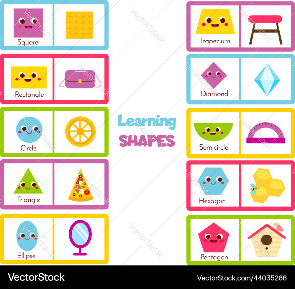 Learning geometric shapes for kids flashcards set Vector Image
