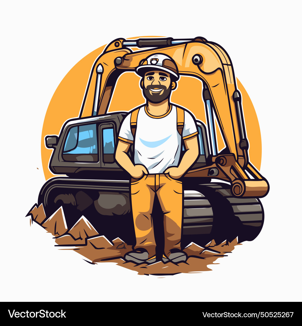 Excavator operator construction worker in cartoon Vector Image