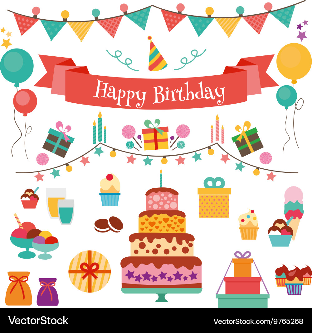 Happy birthday flat design icons set Royalty Free Vector