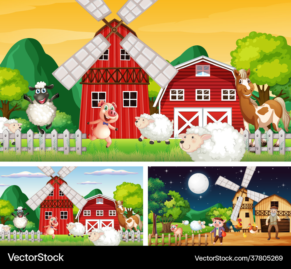 Set farm scenes at different times Royalty Free Vector Image