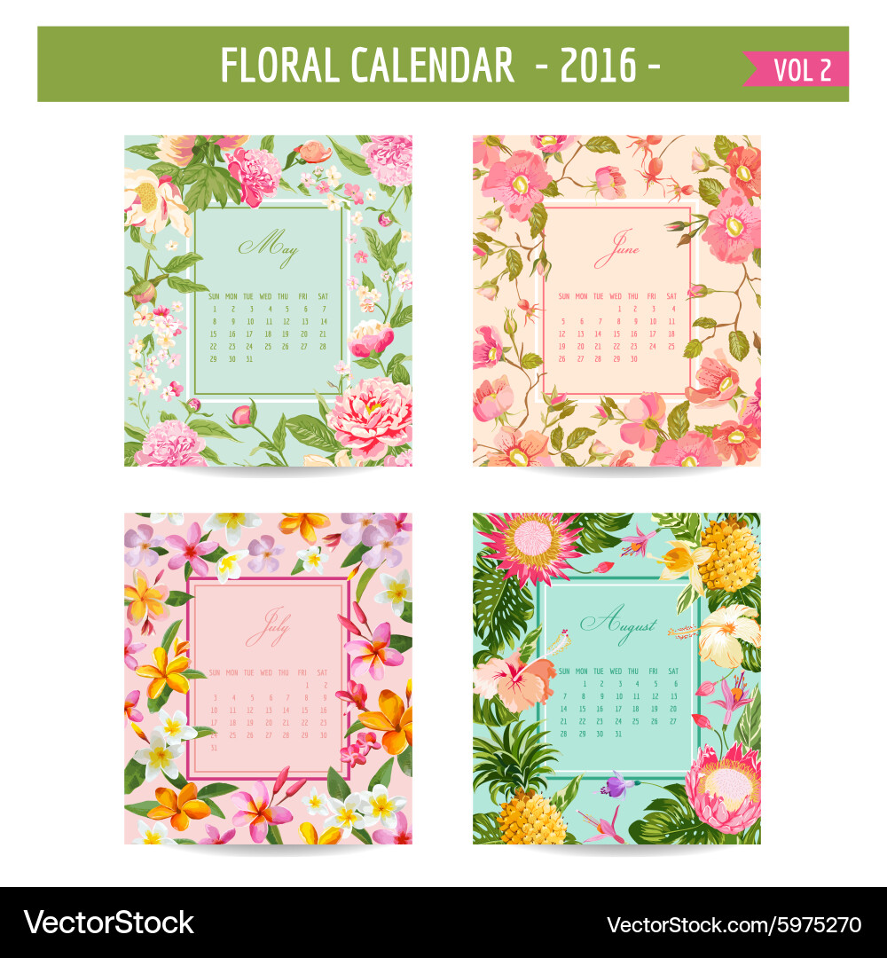 Floral calendar - 2016 may august Royalty Free Vector Image